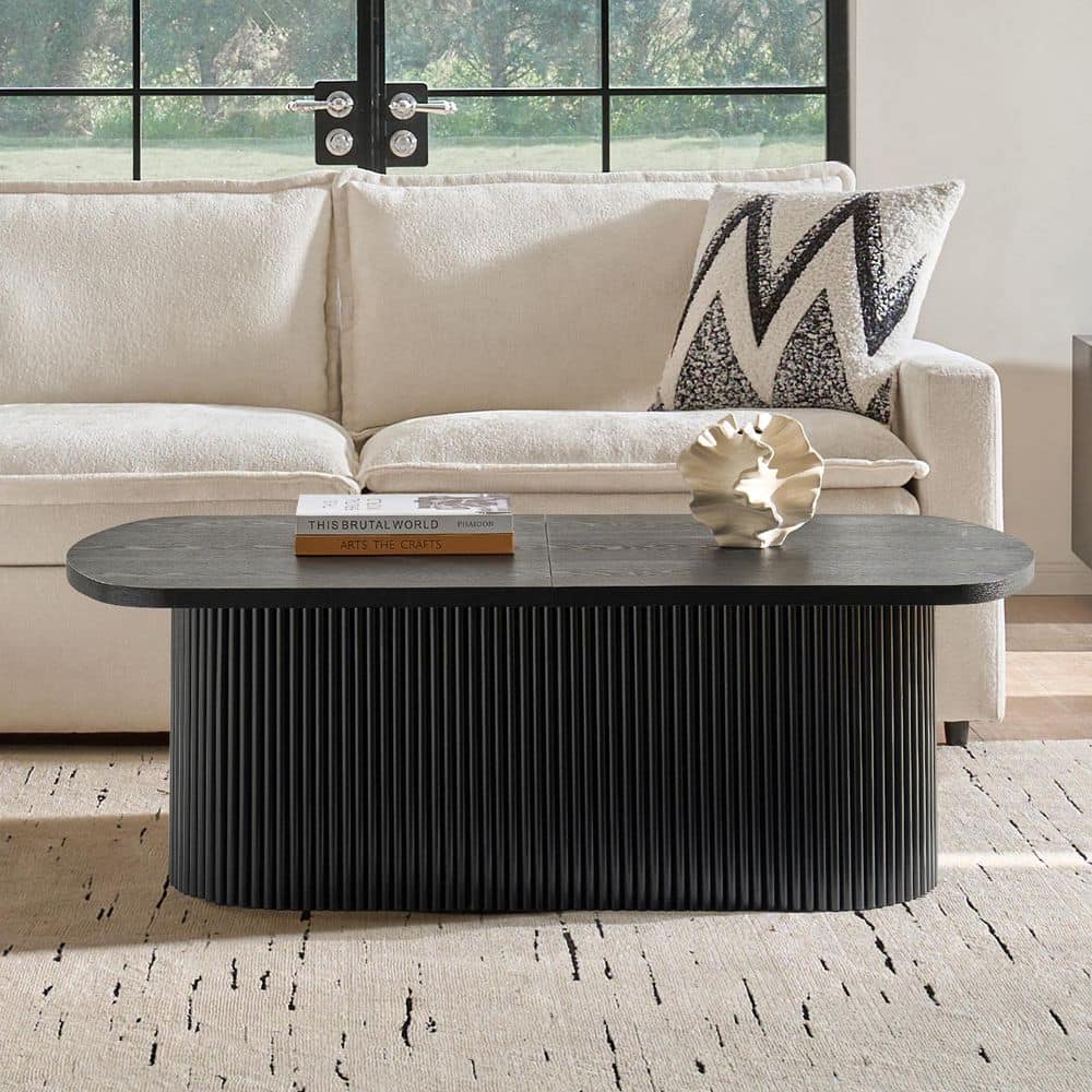 JAYDEN CREATION Ovar 47.25 in. Black Oval Wood Coffee Table with Fluted ...