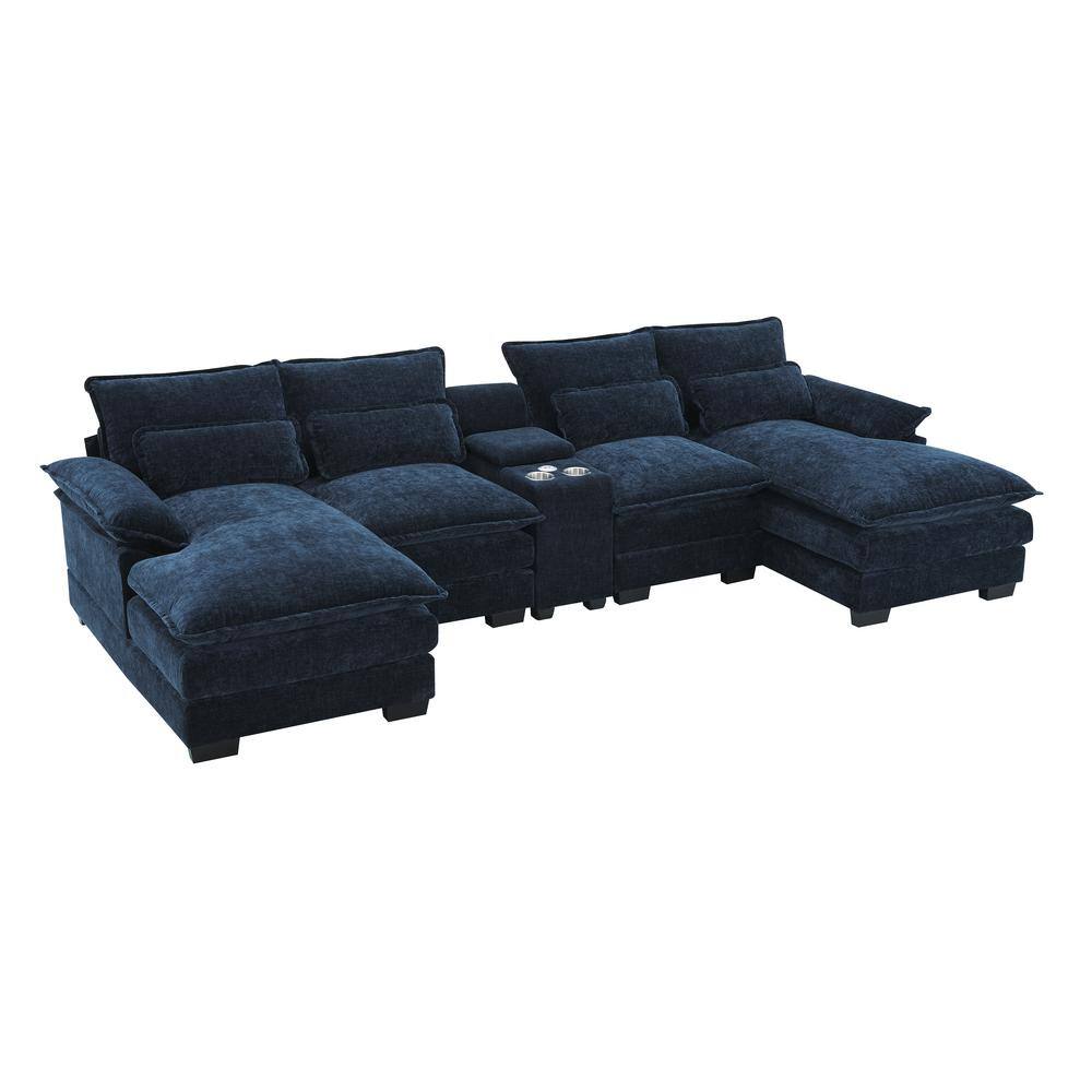 sumyeg 123 in. U-Shaped Velvet Sectional Sofa in Blue with Console ...