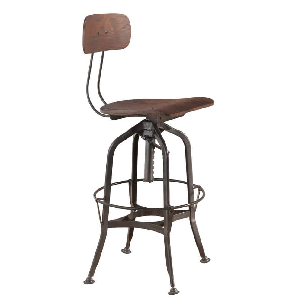 Benjara 33 in. Gray and Brown High Back Metal Bar Stool with Wooden ...