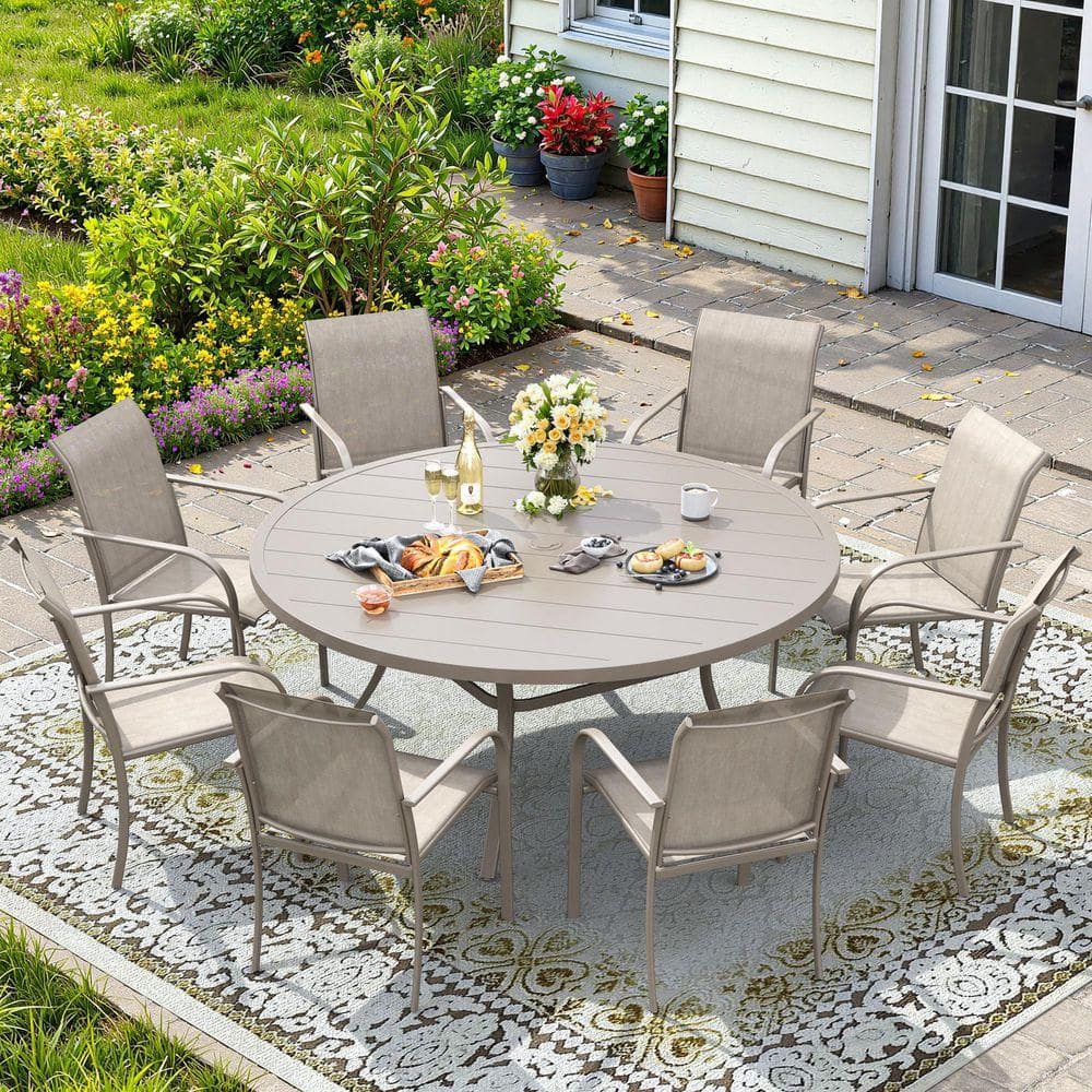 vicllax 9-Piece Metal Outdoor Dining Set with Sandshell Round Table and ...