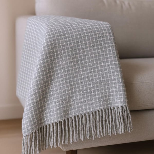 HomeRoots Light Gray, Cream Plaid Cotton Blend Throw Blanket 2000632906 ...