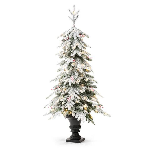 Glitzhome 5 ft. Pre-Lit Flocked Fir Artificial Christmas Tree with 150 ...