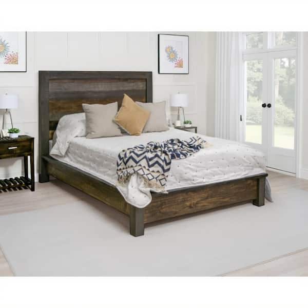 Benjara Pola Gray and Brown Wood Frame Full Panel Bed with Tall Panel ...