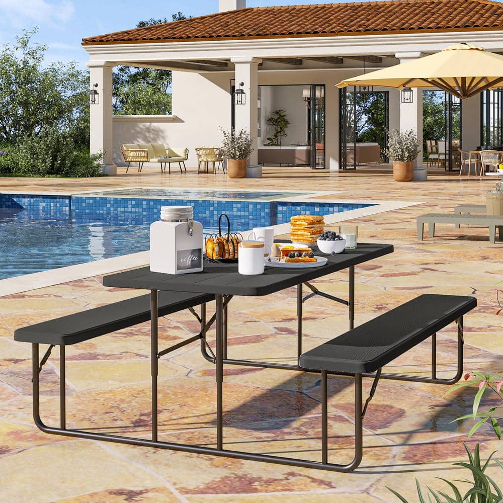 DEXTRUS 6 ft. Rectangular HDPE Picnic Table Bench Set with Stable Steel ...