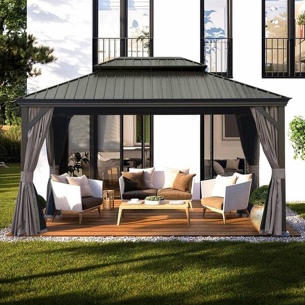 Brown 10 ft. x 14 ft. Patio Hardtop Gazebo with Drainage System, Dual ...