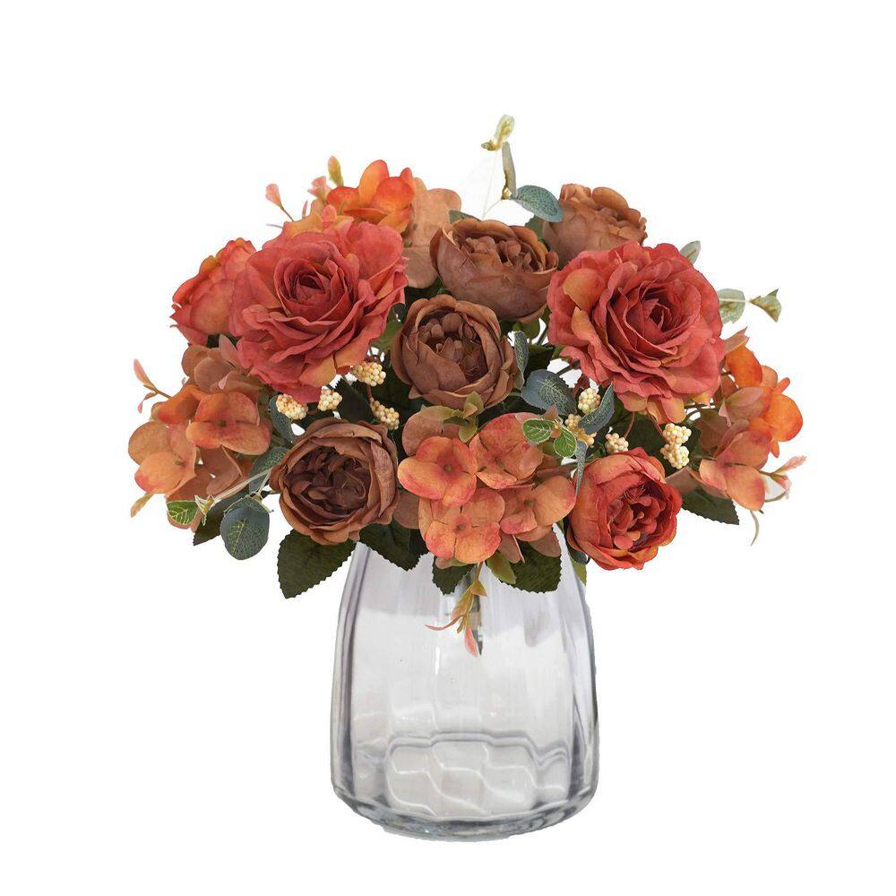 24 in. Russet Artificial Peony Silk Flowers Bouquet with Hydrangea and ...