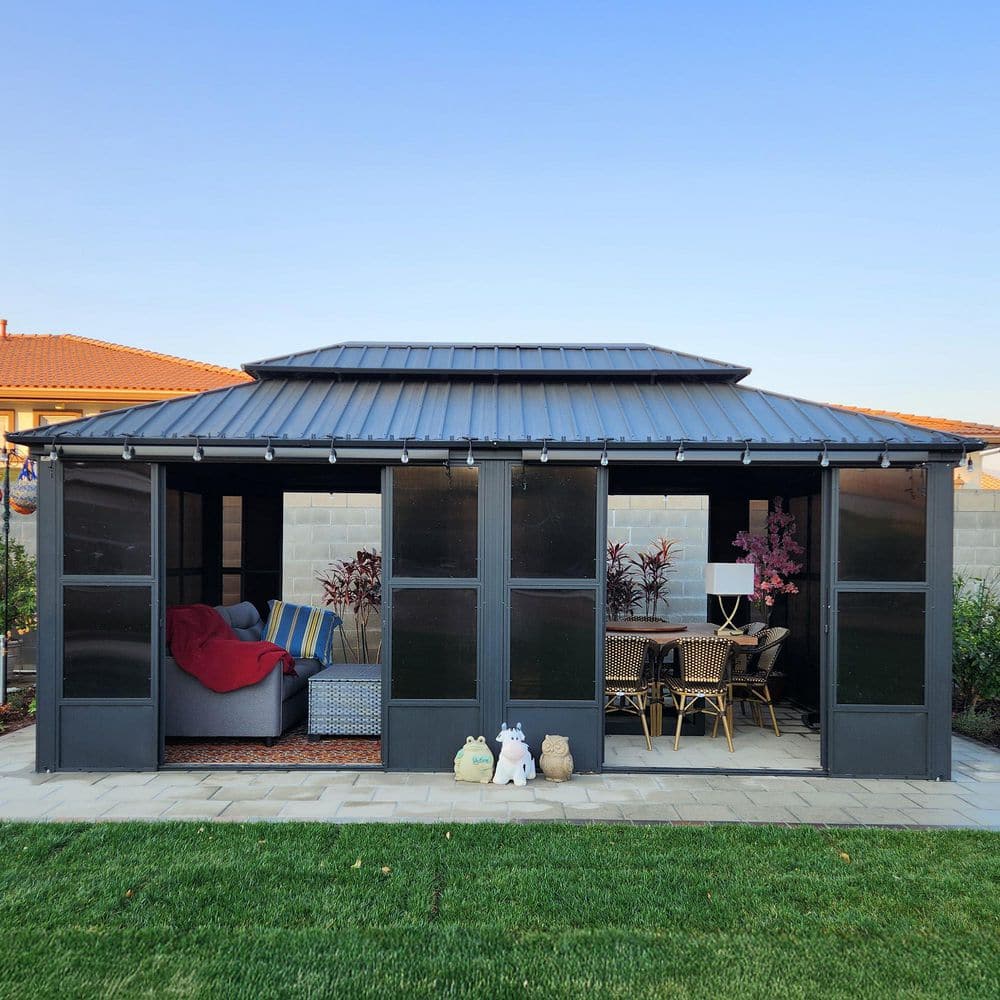 PURPLE LEAF Hardtop Gazebo 12 ft. x 20 ft. Gray Aluminum Sunroom Gazebo with Double Top, Mesh ...