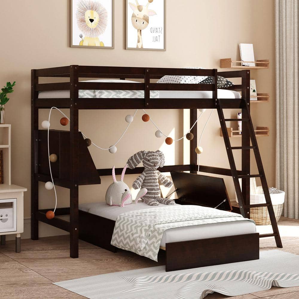 Harper & Bright Designs Espresso Twin Wood Loft Bed with Convertible ...
