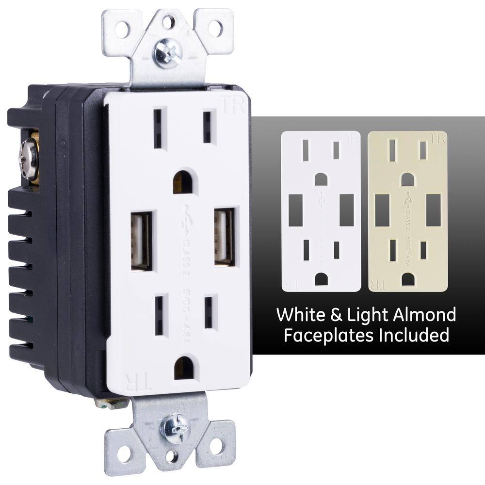 GE UltraPro 2-Outlet 2 USB Port In-Wall Receptacle, White/Light Almond ...