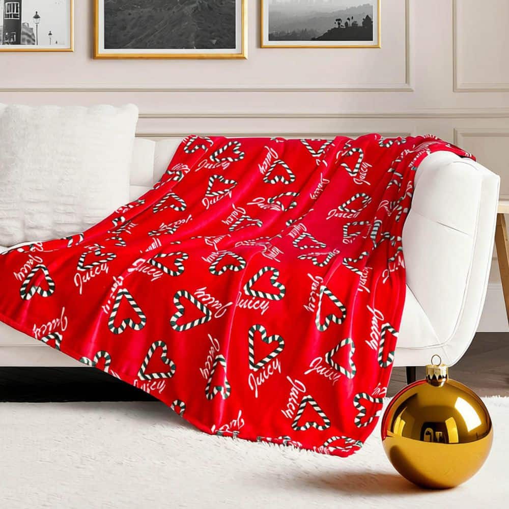 JUICY COUTURE Candy Cane Hearts Red Plush Microfiber Throw Blanket ...