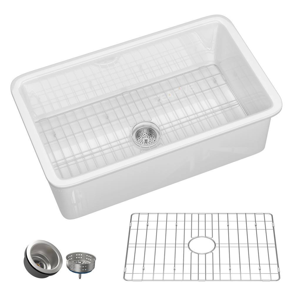 NTQ 32 in. Undermount Kitchen Sink Single Bowl Rectangular Sink White ...