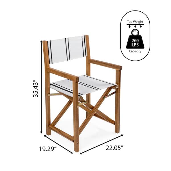 JONATHAN Y Cukor Vintage Outdoor Acacia Wood Folding Director Chair with Canvas Seat White Black Stripe Teak Brown Set of 2 DRC1001B SET2