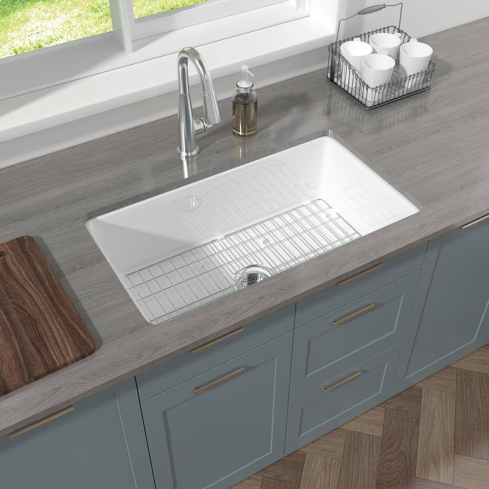 HOMLYLINK White Rectangular Fireclay 32 in. Single Bowl Undermount/Drop ...