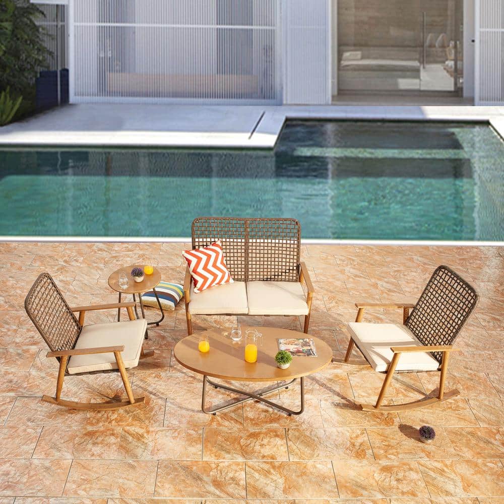 Patio Festival 5-Piece Metal Patio Conversation Set with Beige Cushions ...