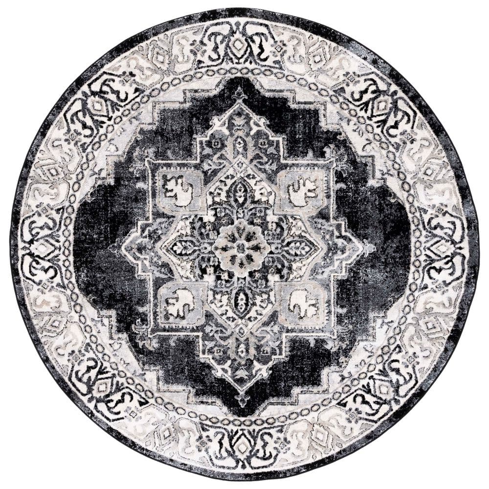 SAFAVIEH Brentwood 7 ft. x 7 ft. Ivory/Black Floral Medallion Ornate Round Area Rug BNT861A-7R ...
