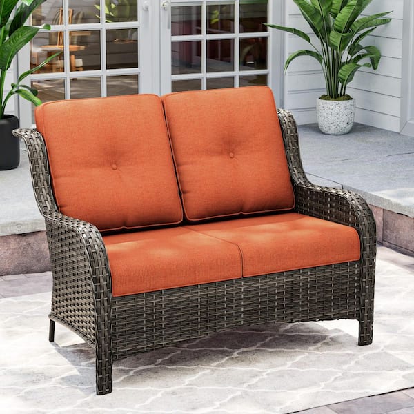 PremDwell Wicker Outdoor Couch Patio Loveseat with Orange Cushions ...