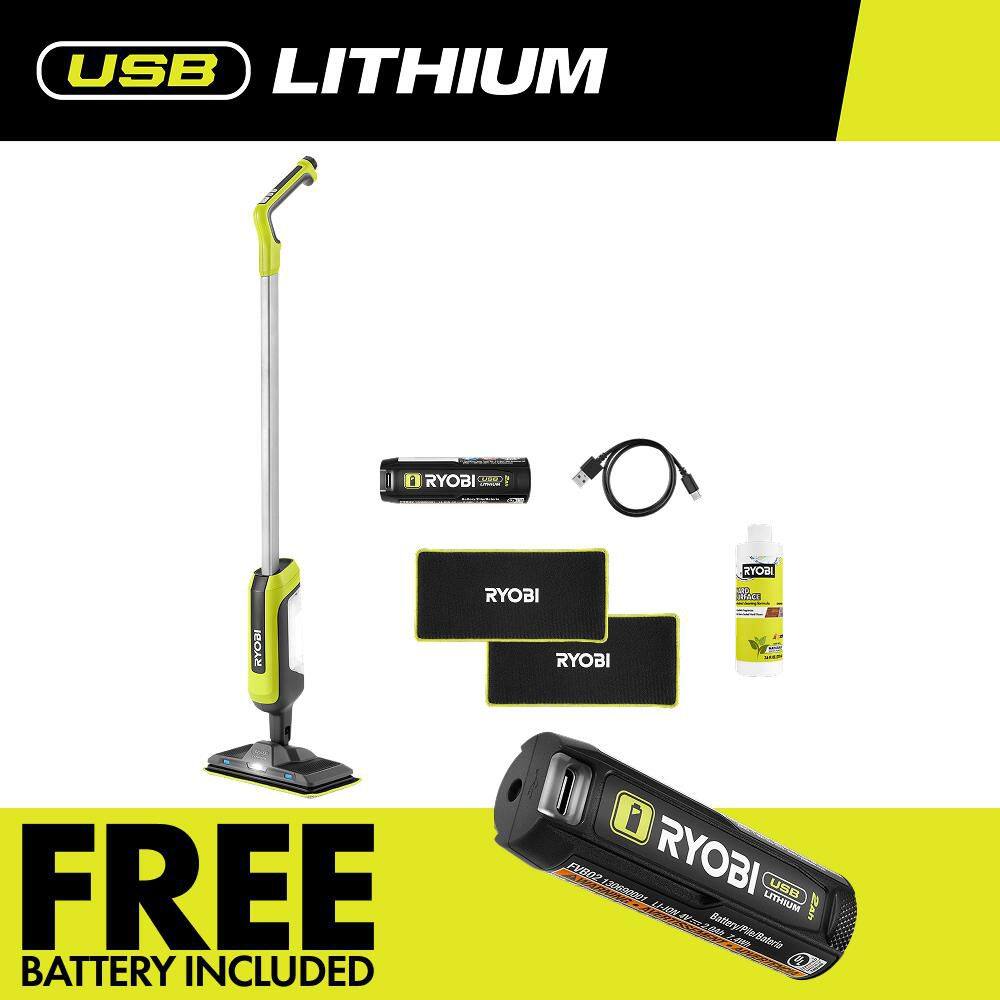 RYOBI USB Lithium Cordless Agitating Spray Mop Kit w/ 2Ah Battery ...