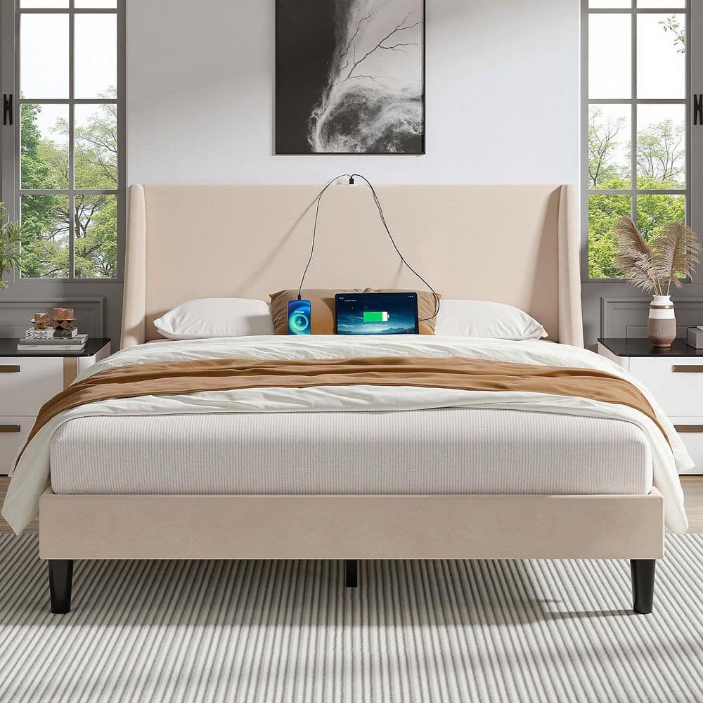 VECELO Upholstered Bed Frame with Headboard and Wingback, Beige Full ...