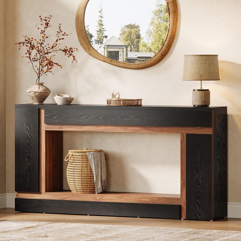 BYBLIGHT Turrella 63 in. Black, Walnut Rectangle Wood Console Table, 2 ...