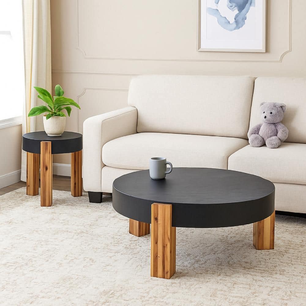Benjara Moy 42 in. Brown and Black Round Wood Coffee Table Set with 1 ...