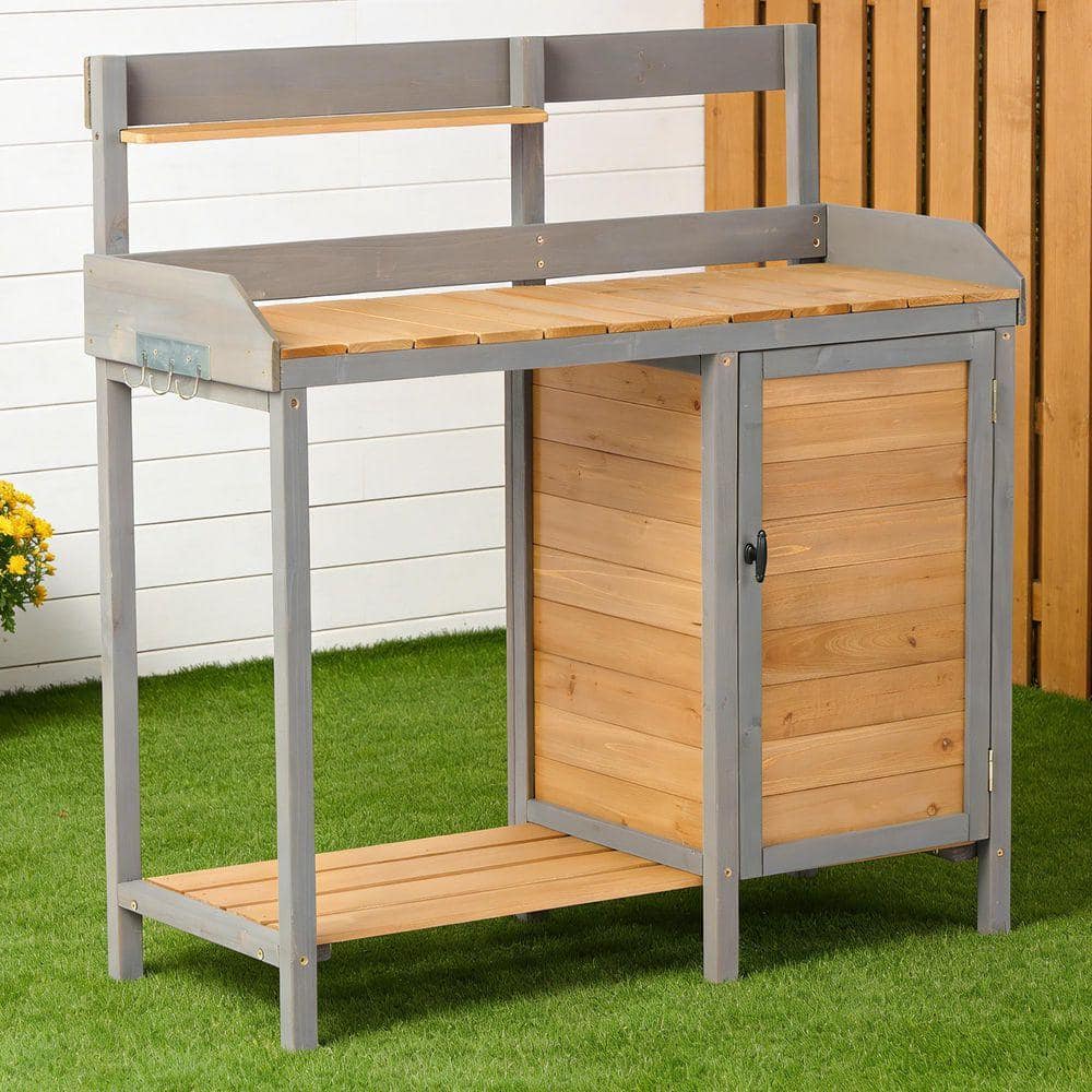 Coporesell Brown Gray Potting Bench Table with Storage and Sink ...