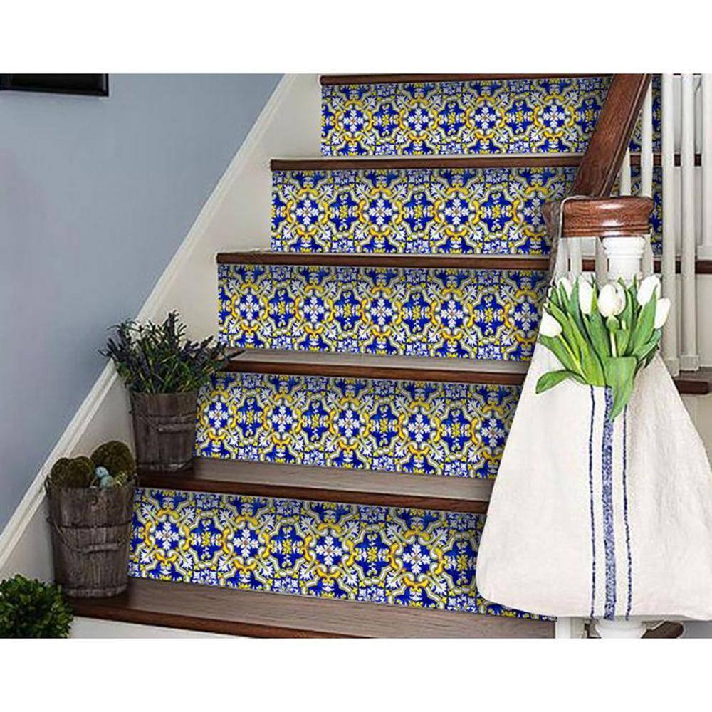HomeRoots Blue/Yellow 7 in. x 7 in. Vinyl Peel and Stick Removable Tile ...