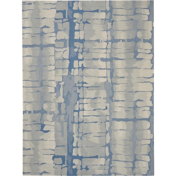 Nourison Symmetry Blue/Grey 9 ft. x 12 ft. Distressed Contemporary Area ...