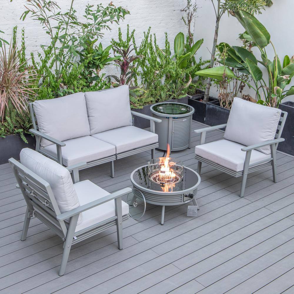 Leisuremod Walbrooke Grey 5-Piece Aluminum Round Patio Fire Pit Set ...