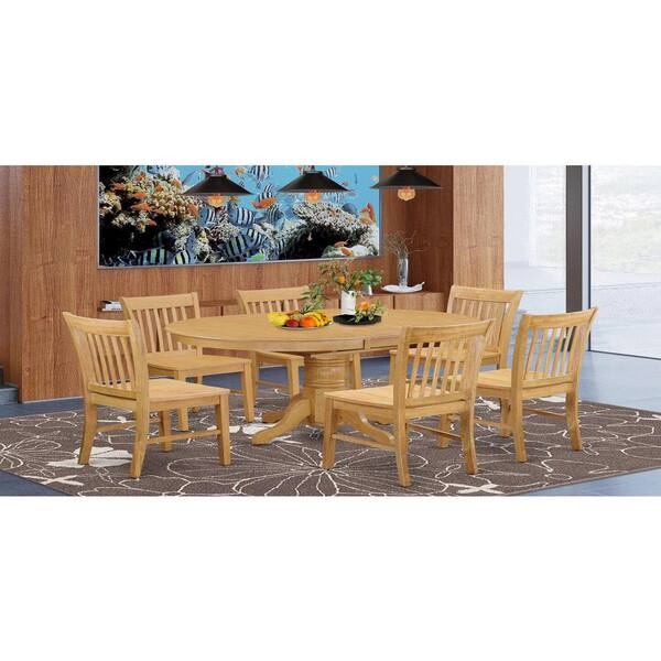East West Furniture 7-Piece Oval Natural Oak Finish Solid Wood Top Dining Table with 6 Chairs ...