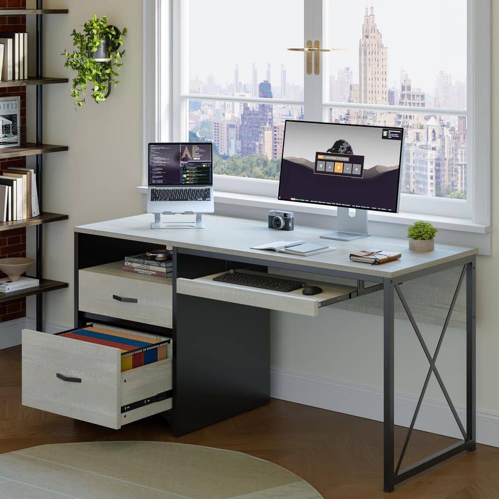Bestier 55 in. Rectangular Light Grey Office Desk with Storage File ...