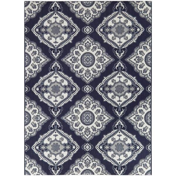 Hampton Bay Oak Hill Navy 4 ft. x 6 ft. Medallion Indoor/Outdoor Area ...
