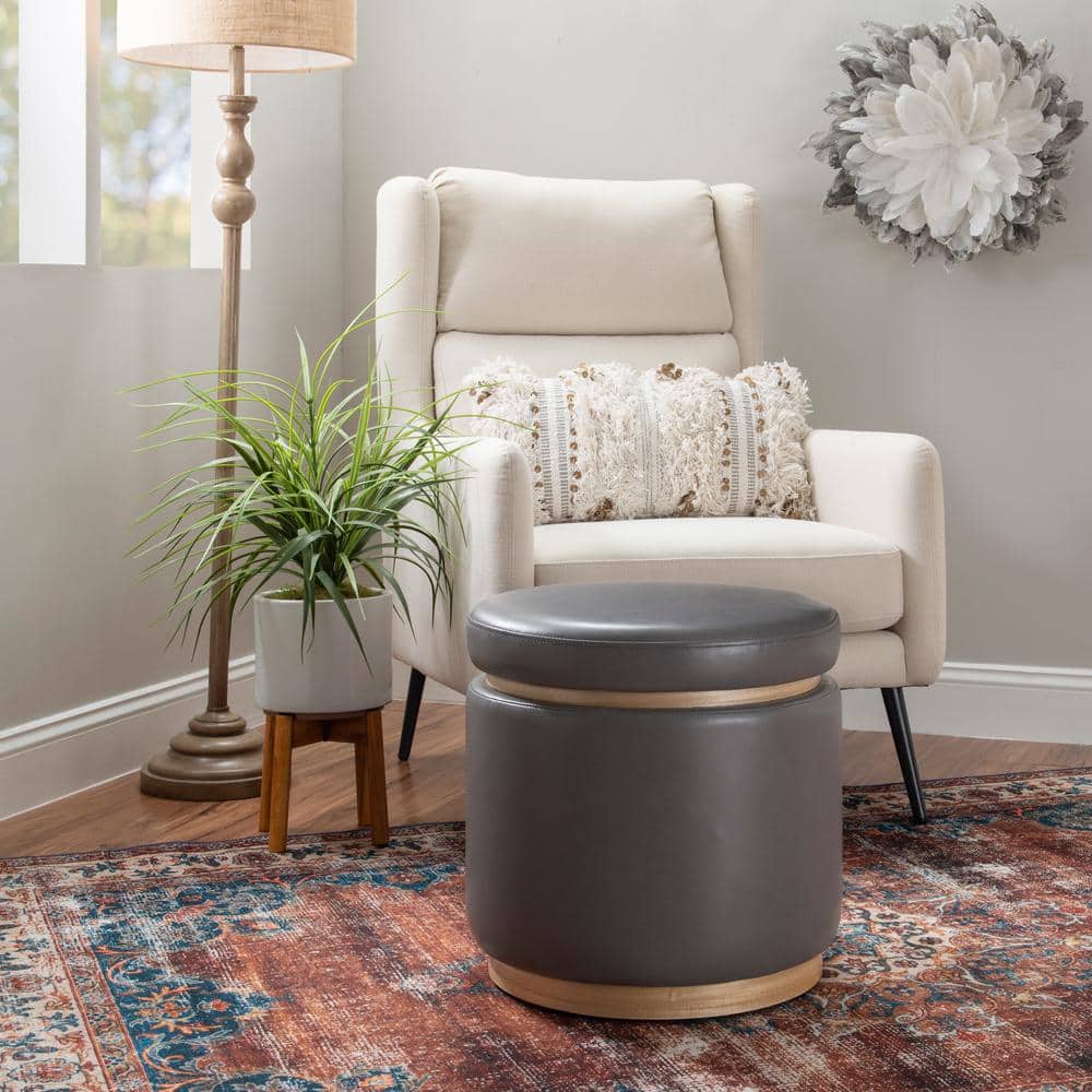 Linon Home Decor Savoy Gray Faux Leather Round Storage 18 in. Ottoman ...