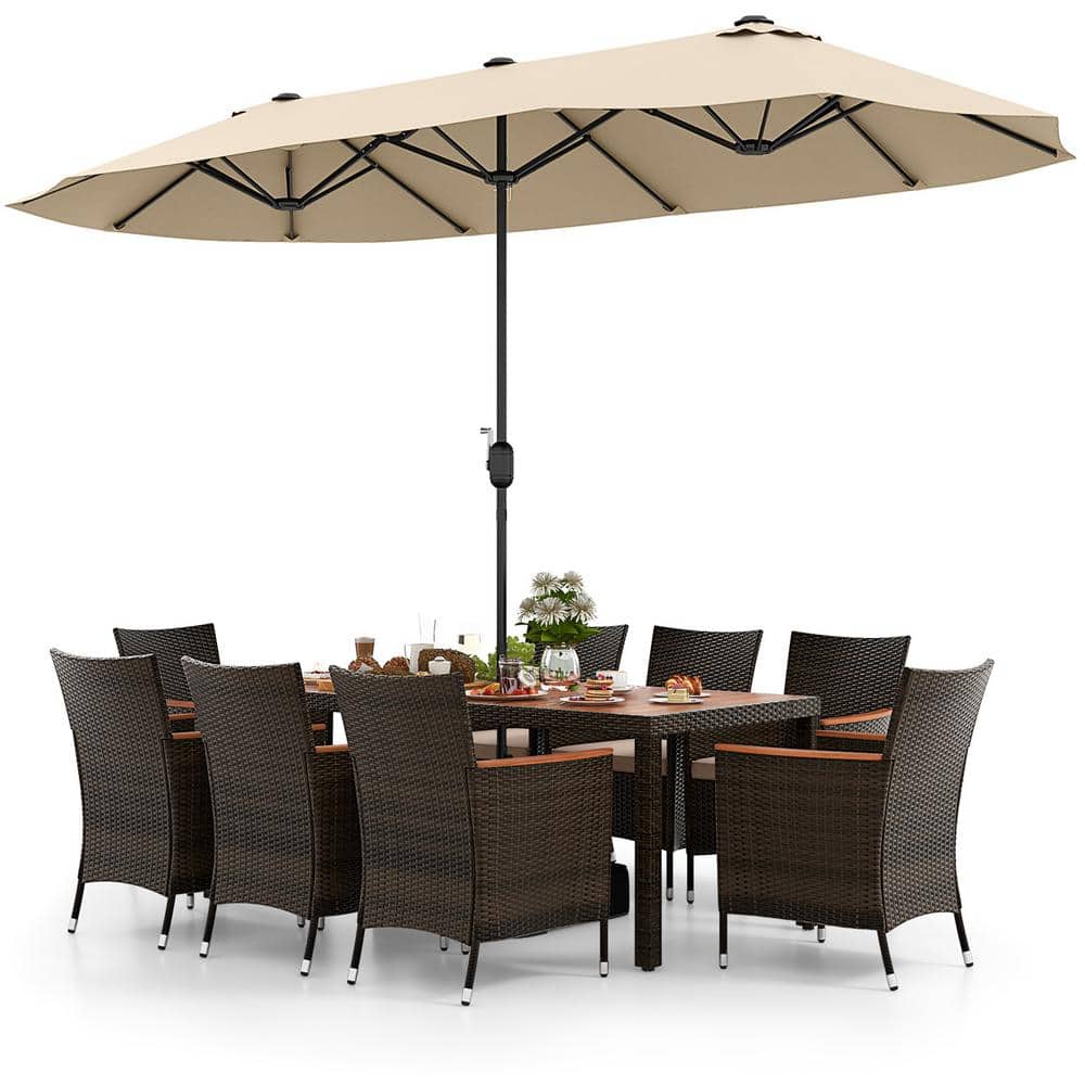 FORCLOVER 10-Piece Wood Outdoor Dining Set with 15 ft. Beige Double ...