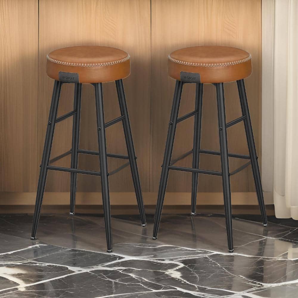 Benjara 30 in. Brown and Black Backless Wood Frame Bar Stool with Faux ...