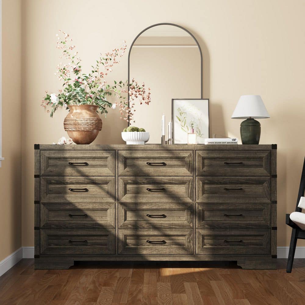 FUFU&GAGA Dark Wooden Grain 12 Drawers 69.1 in. Width x 15.9 in. Depth ...