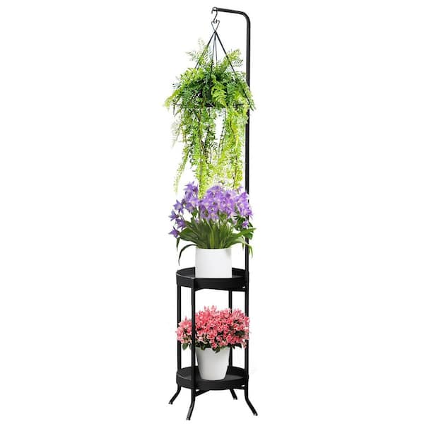 2-Tier Black Metal Modern Plant Stand with Tiered Shelves (15 in. W x ...