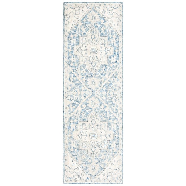 SAFAVIEH Micro-Loop Blue/Ivory 2 ft. x 7 ft. Floral Medallion Runner ...