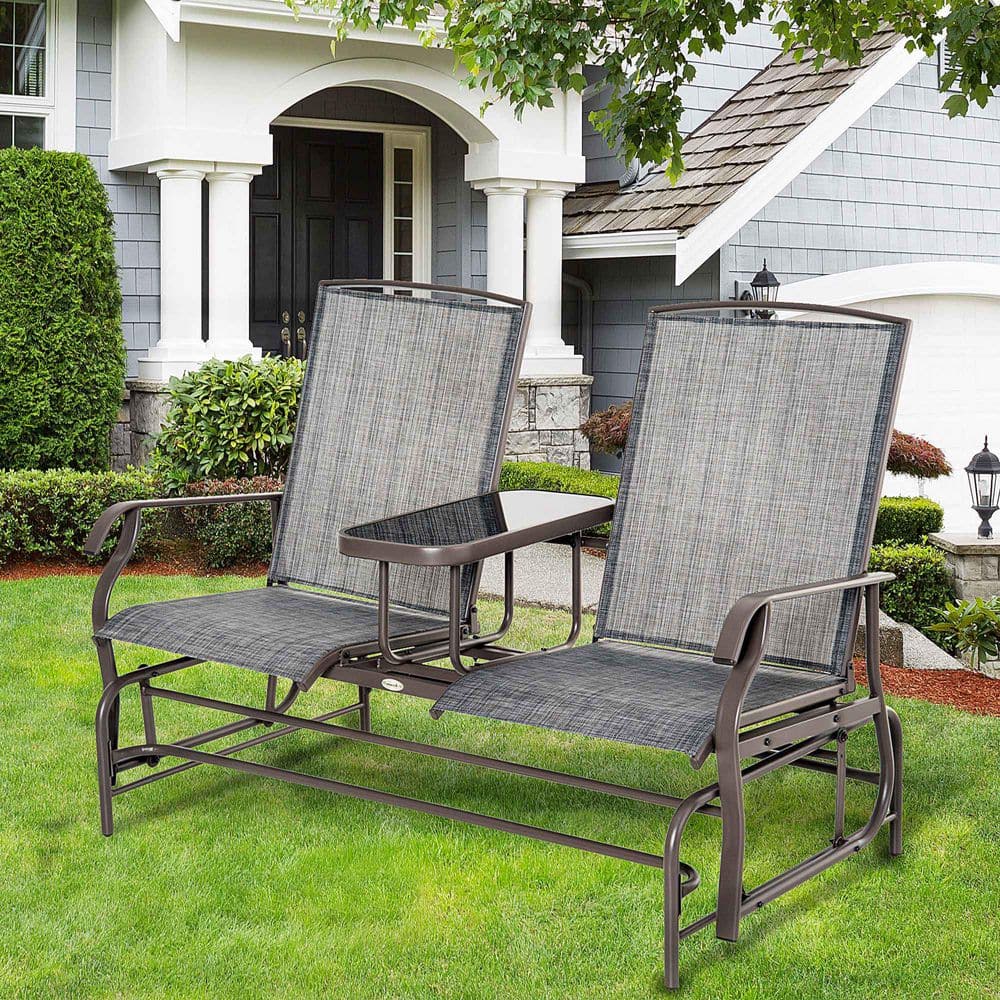2-Person Metal Outdoor Glider Bench with Middle Coffee Table for Patio ...