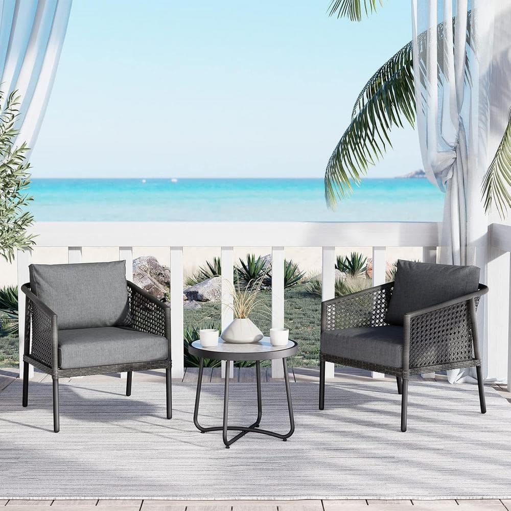 Yangming Dark Grey 3-Piece Large Wicker Outdoor Bistro Set with Grey ...