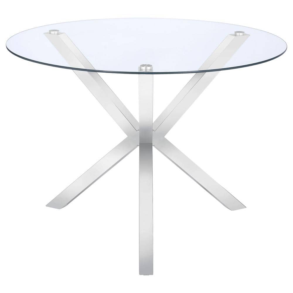 Coaster Vance Round Chrome Glass Top Cross Legs Table Base Dining Table ...