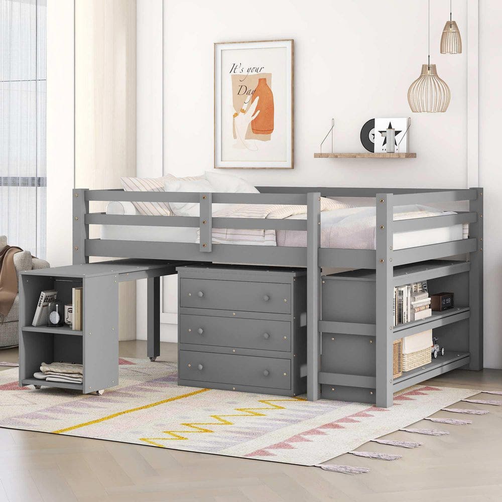 Polibi Gray Full Size Wood Loft Bed with Cabinet, Shelves and Rolling Portable Desk RD14 ...