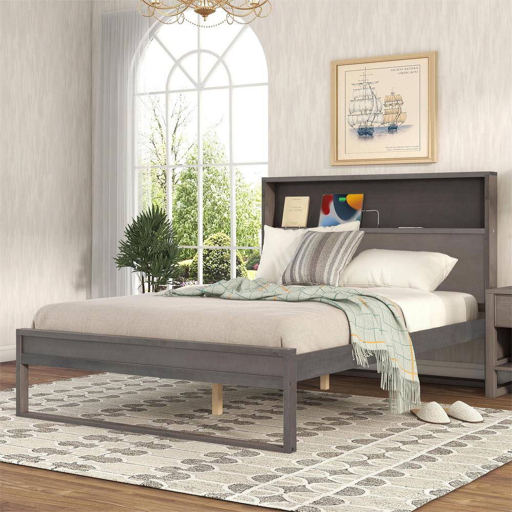 Harper & Bright Designs Antique Gray Wood Frame Full Size Platform Bed ...