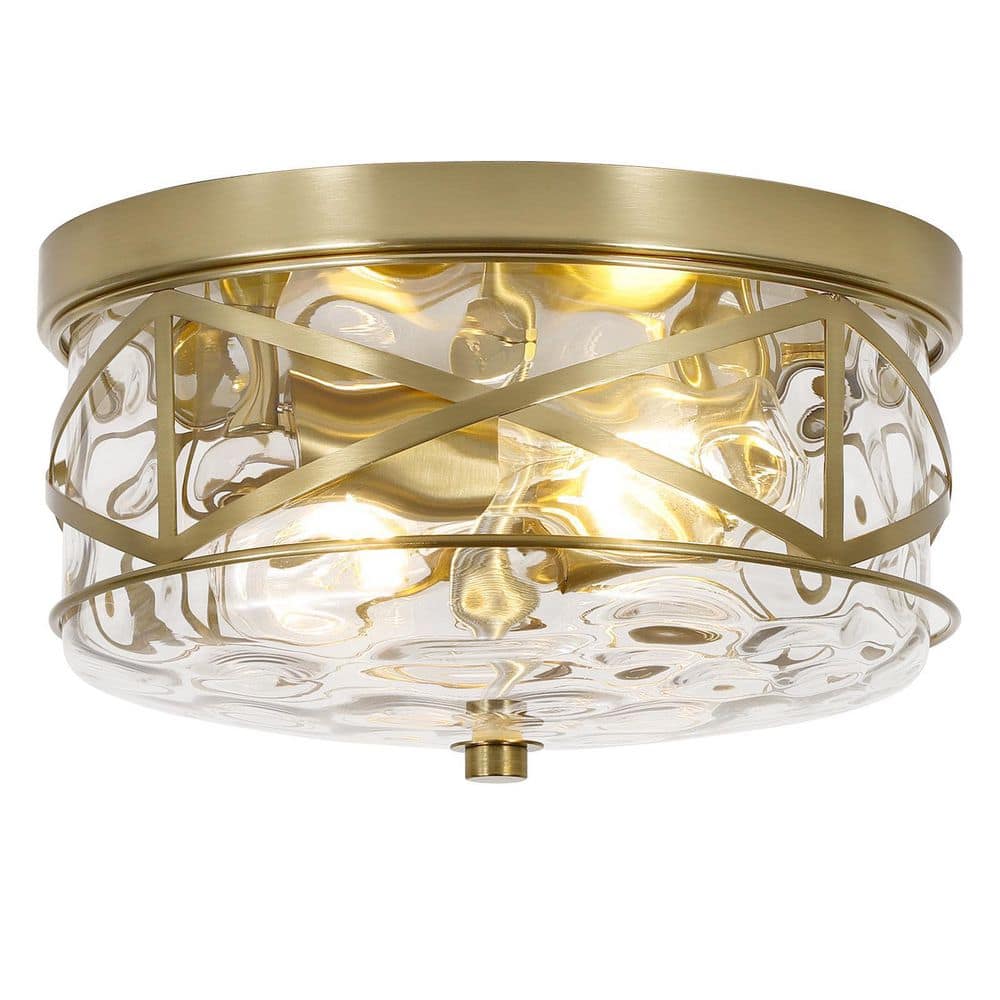 LamQee 12 in. 2-Light Brass Gold Flush Mount Water Ripple Glass Ceiling ...