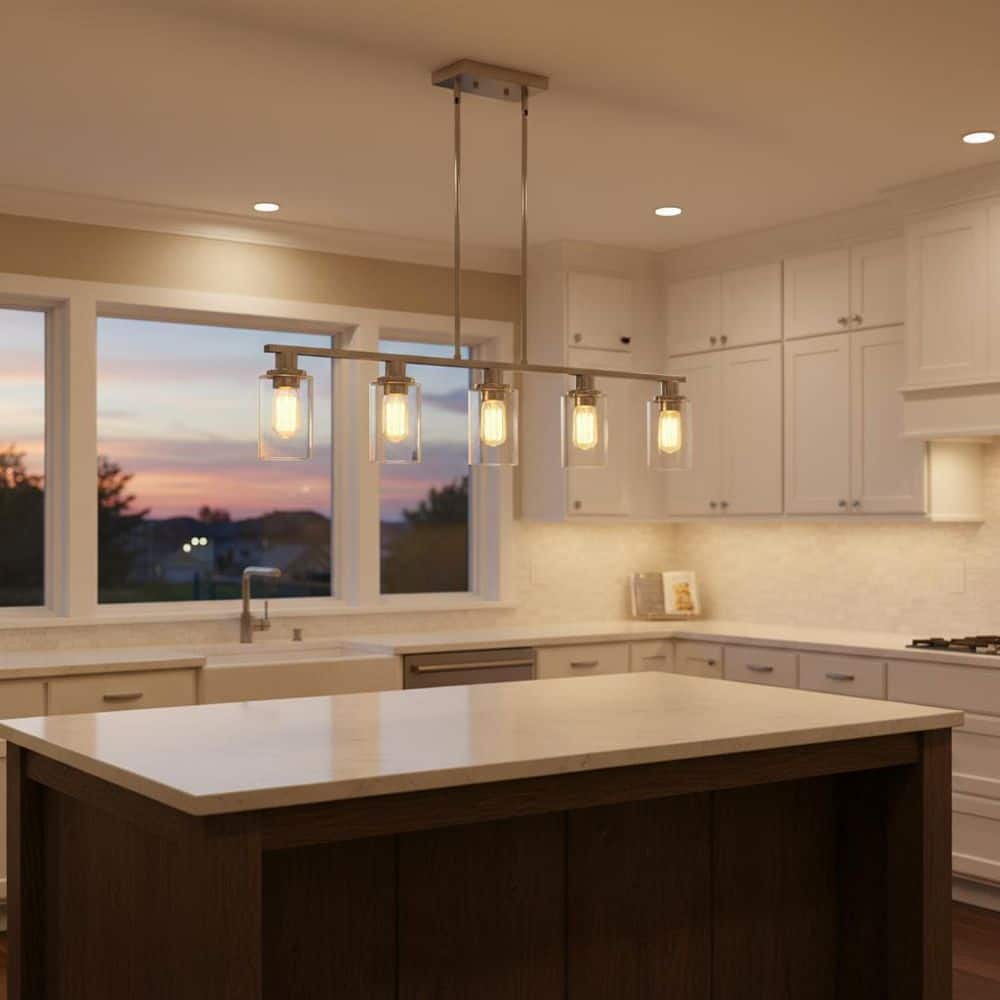 YANSUN 5-Light Brushed Nickel Modern Kitchen Island Pendant Lighting ...