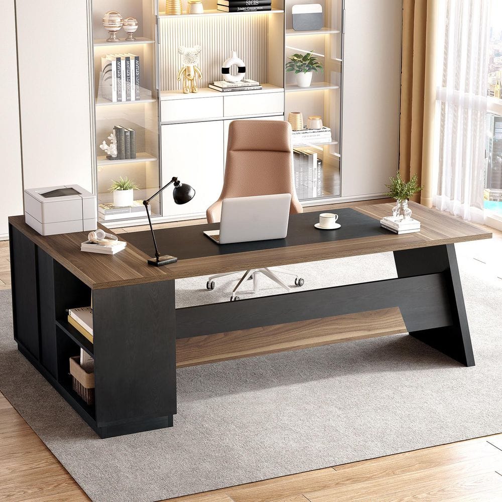 BYBLIGHT Capen 78.7 in. L Shape Light Walnut and Black Wood 2-Drawer ...