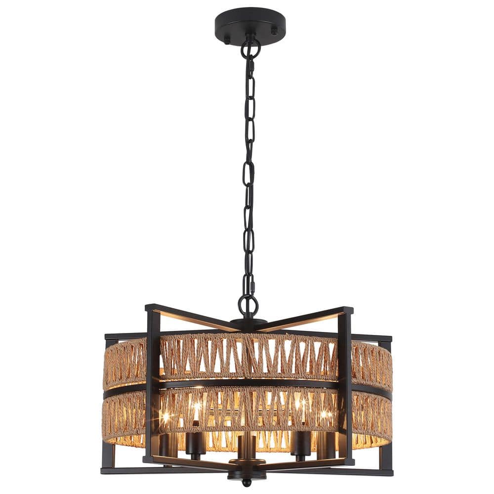 ETONIMERR Scrow 20 in. 5-Light Black Rattan Bohemian Pendant Light for ...