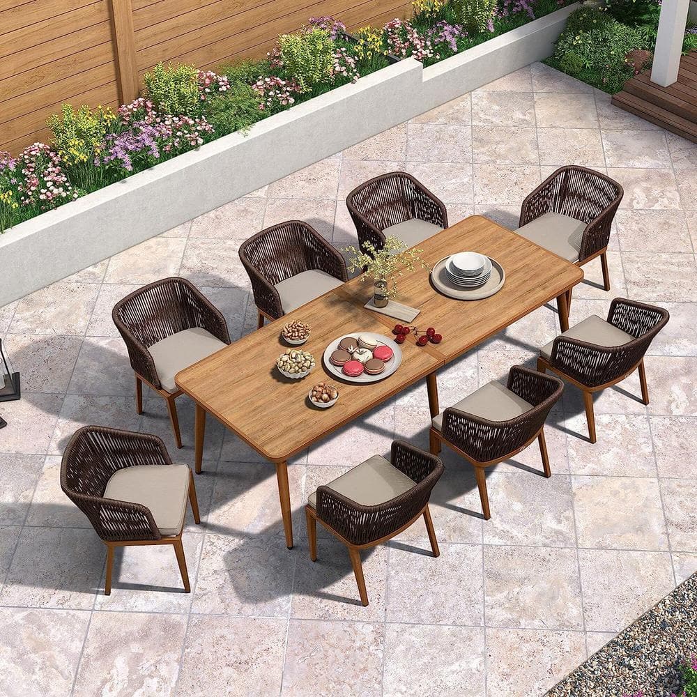 PURPLE LEAF 9-Piece Aluminum Wicker Dining Table Oversize and Armchairs Patio Outdoor Dining Set ...