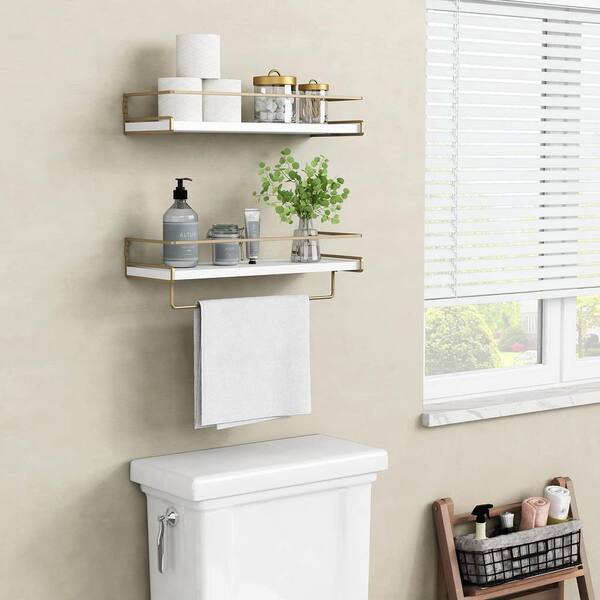 15 in. W x 6 in. D Bathroom Shelves Wall Mounted with Towel Rack Decorative Wall Shelf White gold Set of 2 YYBBQQYQQ8 The Home Depot