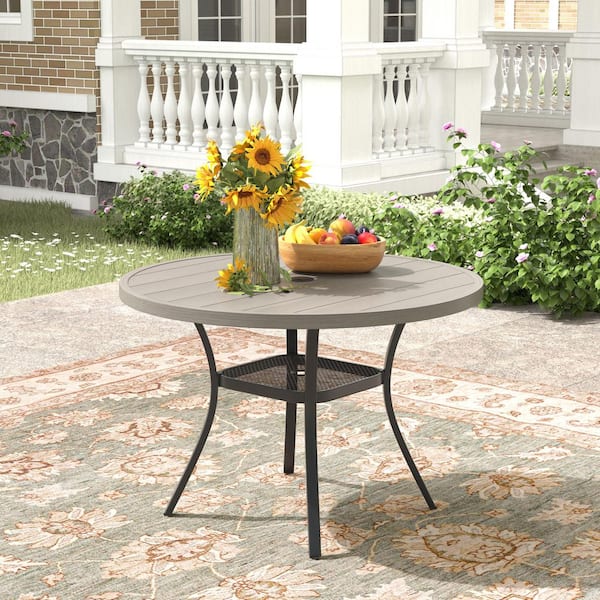 Zeus & Ruta 40.6 in. Round Metal Outdoor Dining Table with Umbrella ...