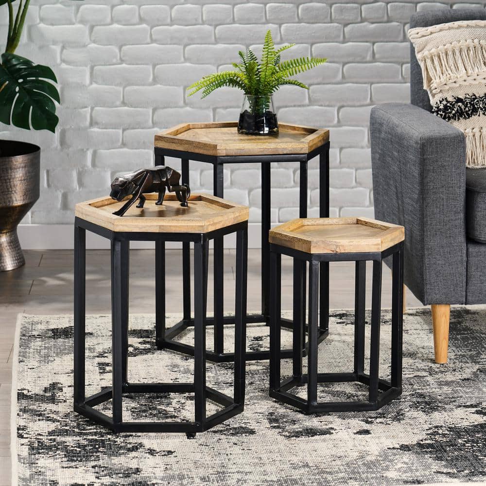 Noble House Raglan Natural and Black Nested Side Tables (Set of 3 ...